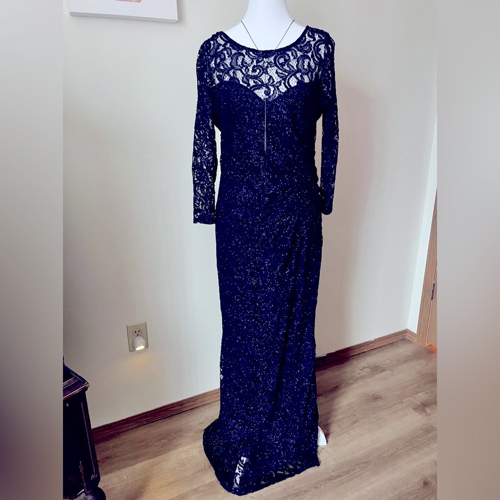 Full Length Lace Overlay Formal Gown In Midnight Blue. - Gem